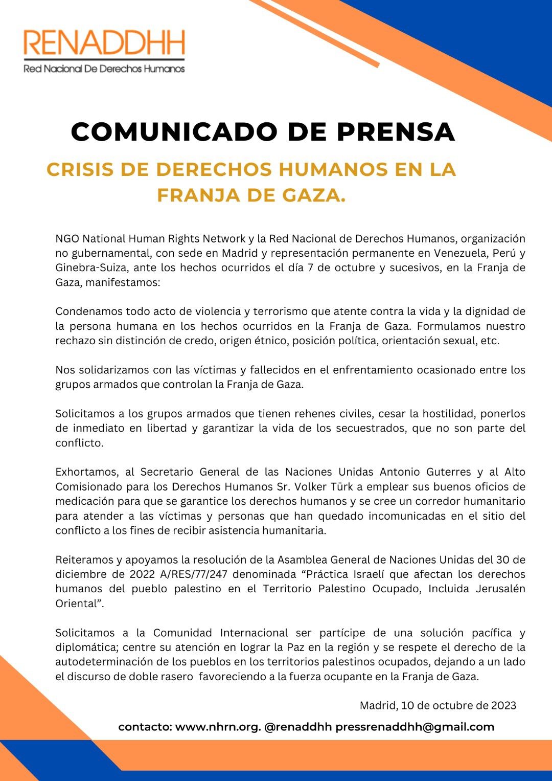 Crisis de Derechos Humanos en la Franja de Gaza. – RENADDHH